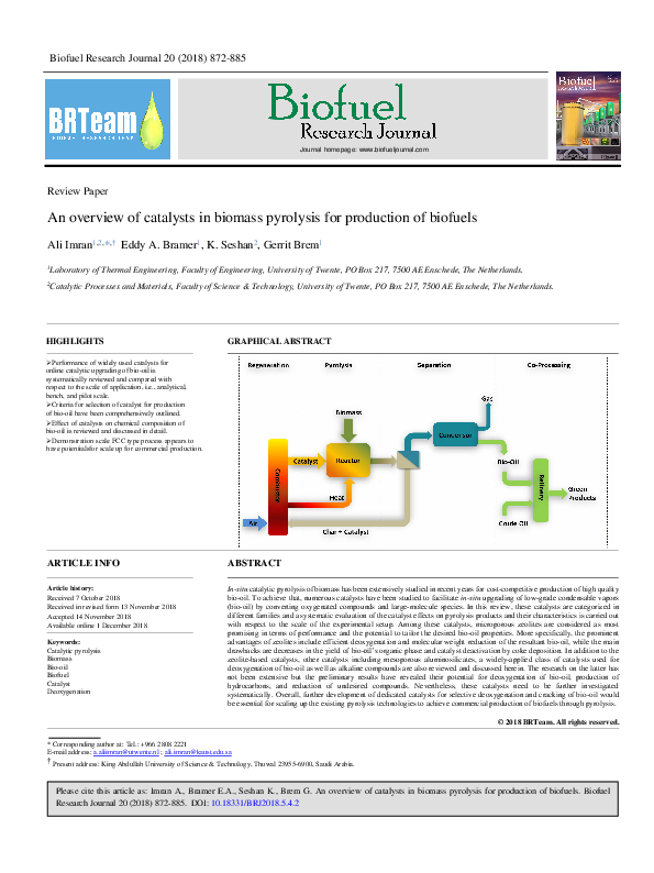 (PDF) An overview of catalysts in biomass pyrolysis for production of biofuels