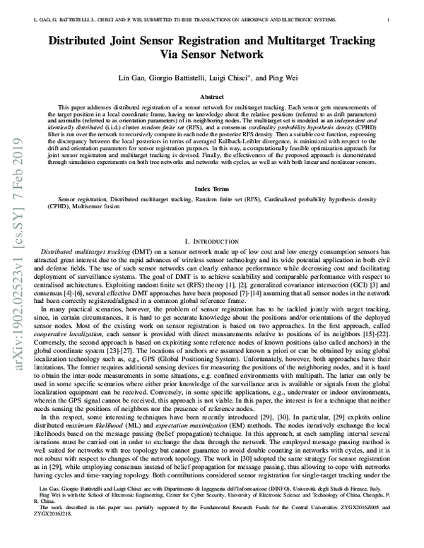 Pdf Distributed Joint Sensor Registration And Multitarget Tracking Via Sensor Network