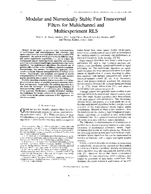 (PDF) Modular and numerically stable fast transversal filters for multichannel and ...