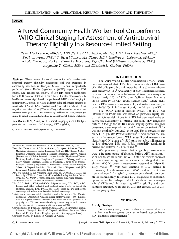(PDF) Community Health Worker Tool Surpasses WHO Staging for ART ...