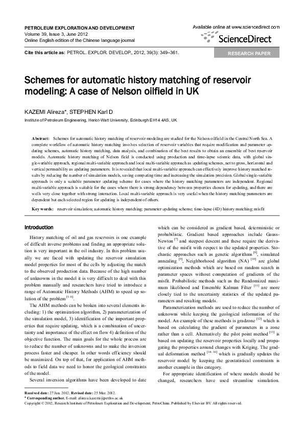 Pdf Schemes For Automatic History Matching Of Reservoir Modeling A Case Of Nelson Oilfield In Uk