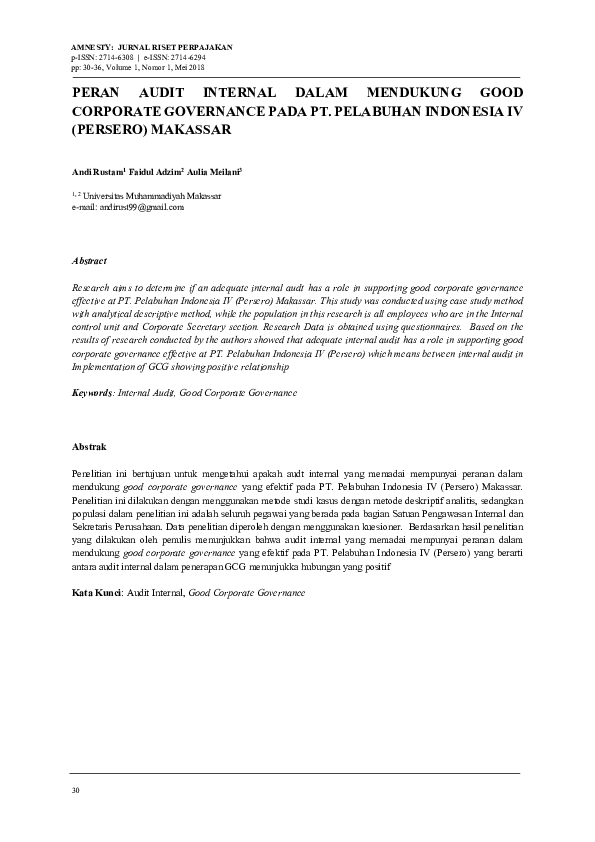 (PDF) Peran Audit Internal Dalam Mendukung Good Corporate Governance ...