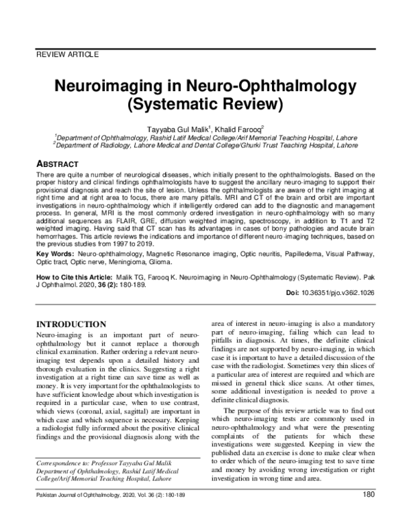 (PDF) Neuroimaging in Neuro-Ophthalmology (Systematic Review)
