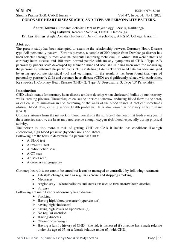 (PDF) CORONARY HEART DISEASE (CHD) AND TYPE A/B PERSONALITY PATTERN.