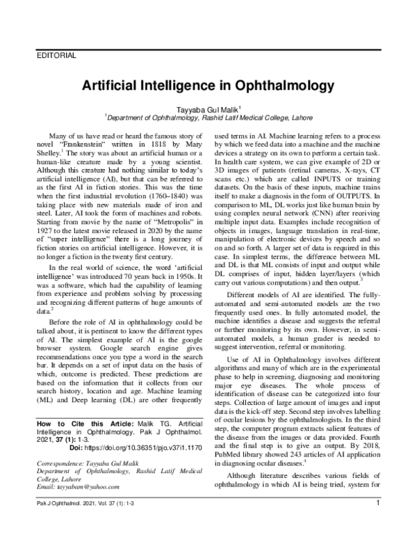 (PDF) Artificial Intelligence in Ophthalmology
