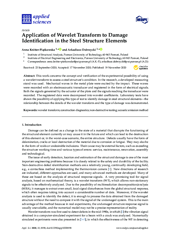 (PDF) Application of Wavelet Transform to Damage Identification in the Steel Structure Elements