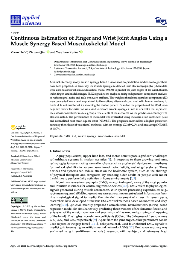 Pdf Continuous Estimation Of Finger And Wrist Joint Angles Using A Muscle Synergy Based