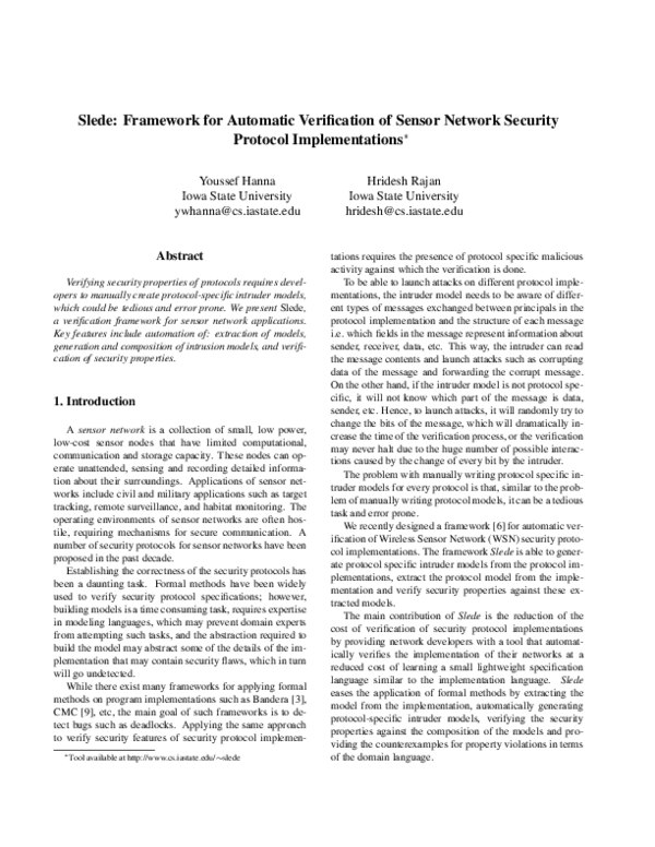 (PDF) Slede: Framework for automatic verification of sensor network security protocol ...