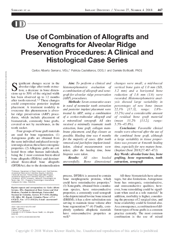 (PDF) Use of Combination of Allografts and Xenografts for Alveolar Ridge Preservation Procedures ...