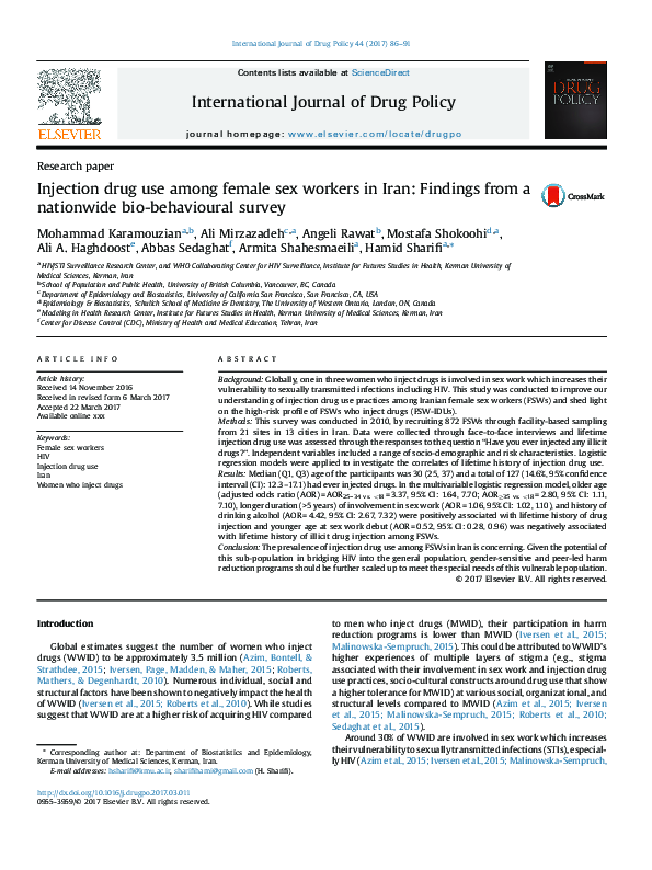 (PDF) Injection drug use among female sex workers in Iran: Findings ...