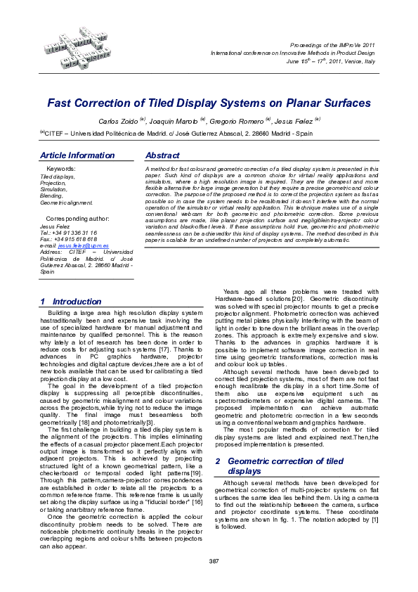 (PDF) Fast Correction of Tiled Display Systems on Planar Surfaces | Carlos A. Pirez Benitez ...