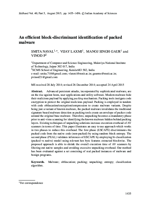 (PDF) An efficient block-discriminant identification of packed malware
