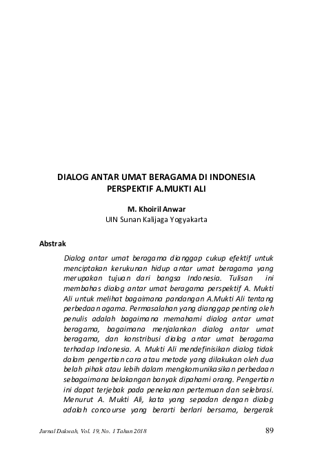 (PDF) Dialog Antar Umat Beragama di Indonesia: Perspektif A.Mukti Ali
