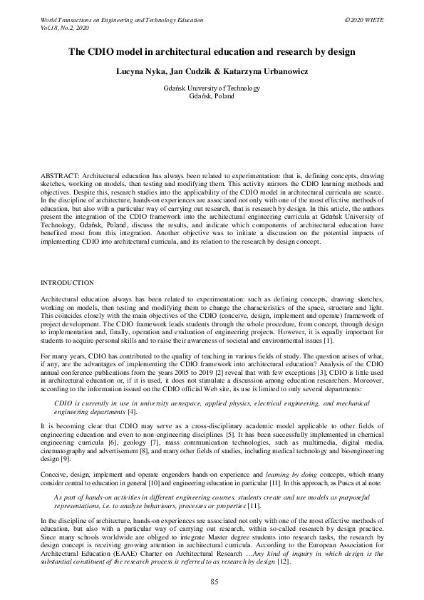 (PDF) The CDIO model in architectural education and research by design