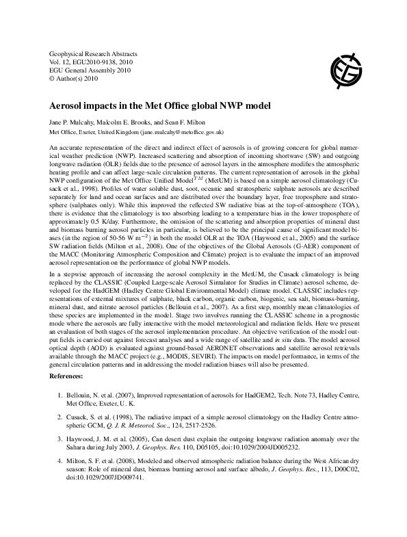 (PDF) Aerosol impacts in the Met Office global NWP model