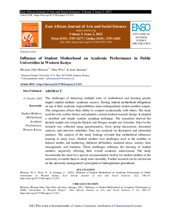 (PDF) Influence of Student Motherhood on Academic Performance in Public ...