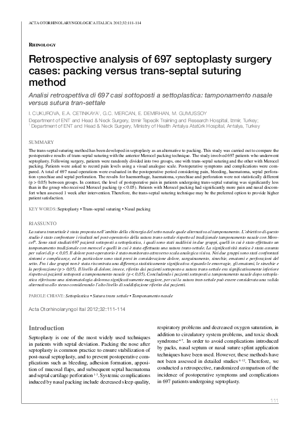 (PDF) Septoplasty: Suturing vs Packing Outcomes