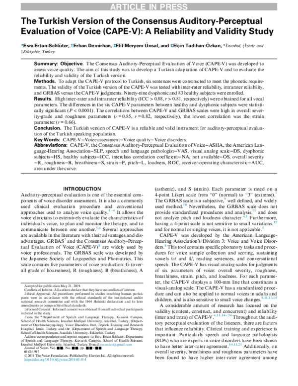 (PDF) The Turkish Version of the Consensus Auditory-Perceptual ...