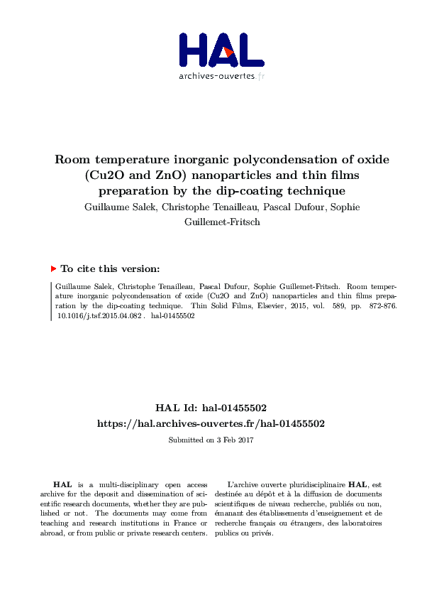 (PDF) Room temperature inorganic polycondensation of oxide (Cu2O and ...
