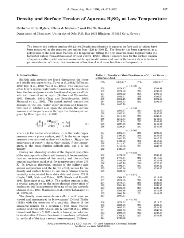 (PDF) Density and Surface Tension of Aqueous H2SO4 at Low Temperature