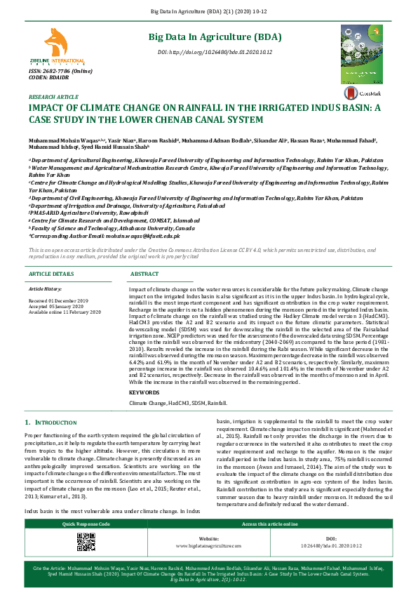 (PDF) Impact of Climate Change on Rainfall in the Irrigated Indus Basin: A Case Study in the ...