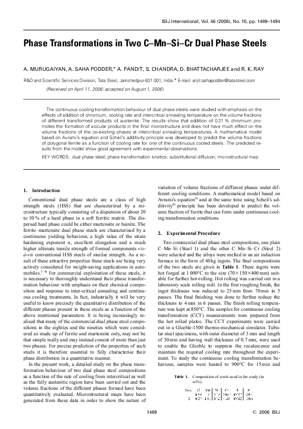 (PDF) Phase Transformations in Two C–Mn–Si–Cr Dual Phase Steels