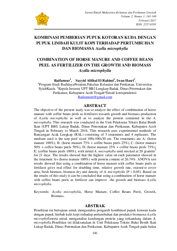 (PDF) Kombinasi Pemberian Pupuk Kotoran Kuda dengan Pupuk Limbah Kulit Kopi terhadap Pertumbuhan ...
