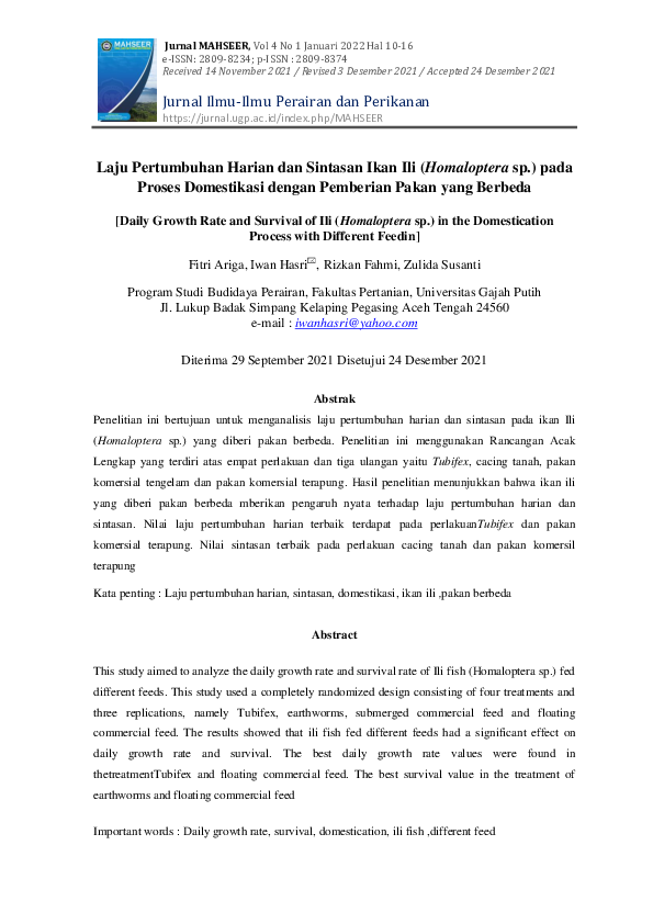 (PDF) Laju Pertumbuhan Harian dan Sintasan Ikan Ili (Homaloptera sp ...