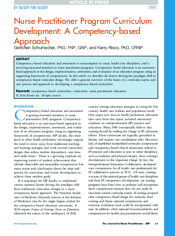 (PDF) Nurse Practitioner Program Curriculum Development: A Competency-based Approach