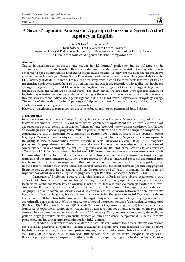 (PDF) A Socio-Pragmatic Analysis of Appropriateness in a Speech Act of ...