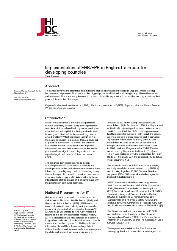 Implementation of EHR/EPR in England: a model for developing countries