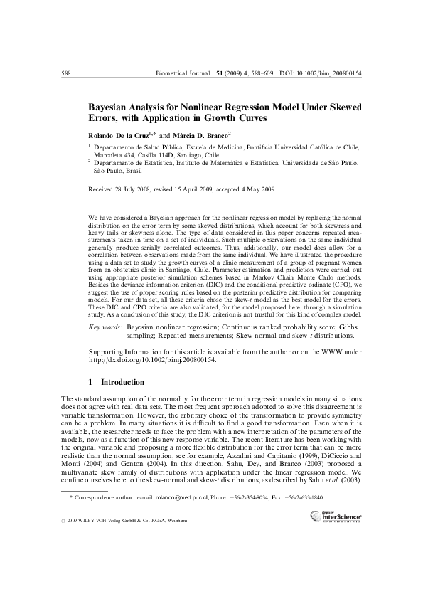 (PDF) Bayesian analysis for nonlinear regression model under skewed errors, with application in ...