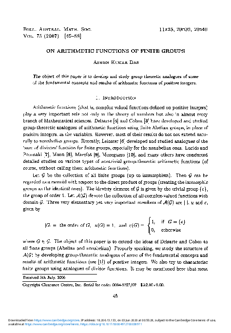 (PDF) On Arithmetic Functions of Finite Groups