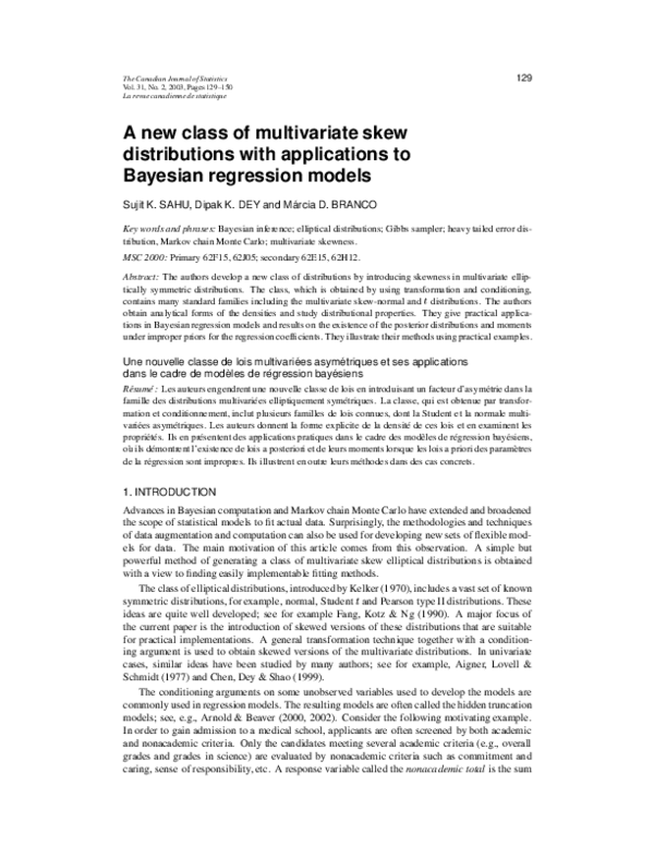 Pdf A New Class Of Multivariate Skew Distributions With Applications To Bayesian Regression Models