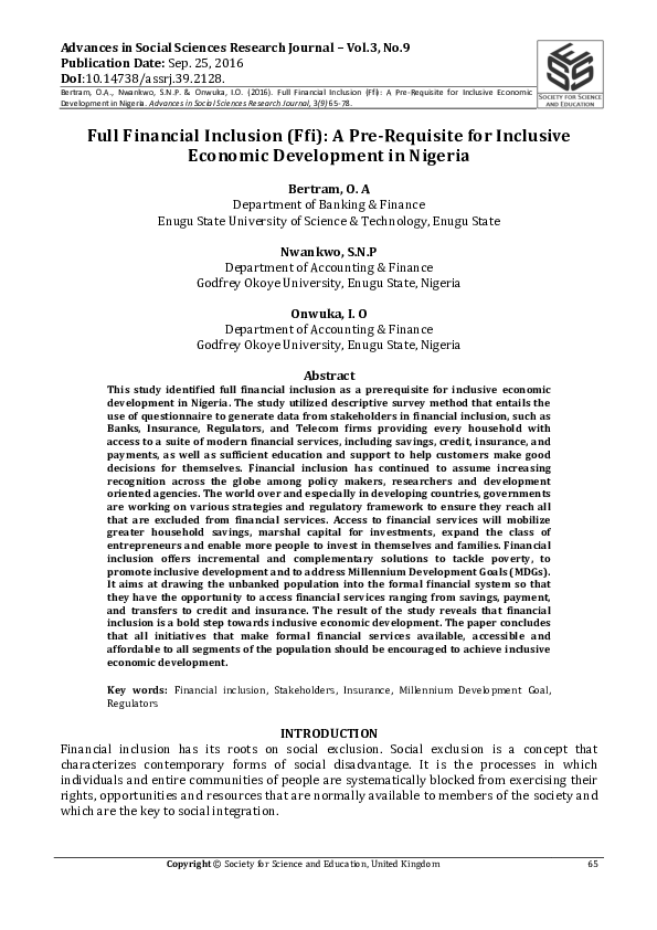 (PDF) Full Financial Inclusion (Ffi): A Pre-Requisite for Inclusive ...