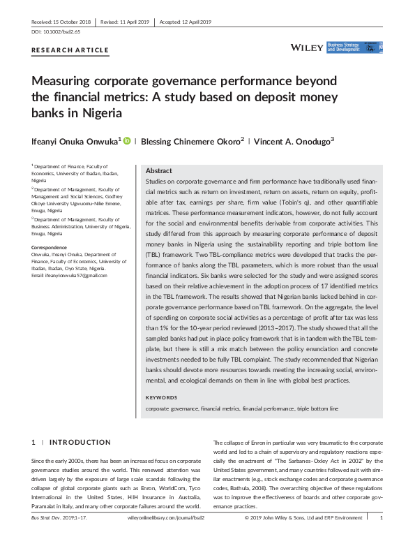 (PDF) Measuring corporate governance performance beyond the financial metrics: A study based on ...