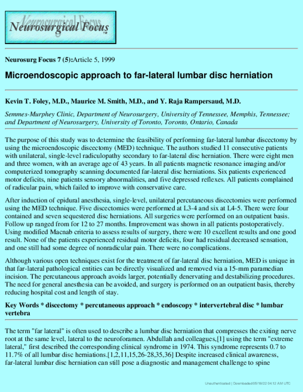 Pdf Microendoscopic Approach To Far Lateral Lumbar Disc Herniation 1049