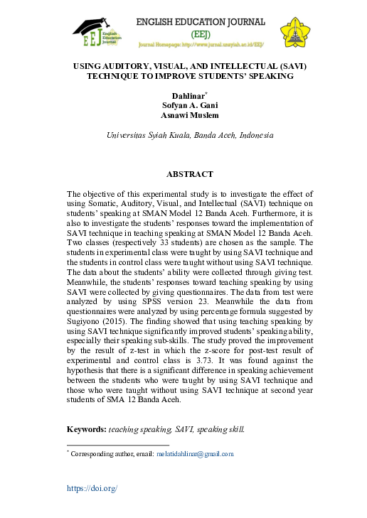 (PDF) Using Somatic, Auditory, Visual, and Intellectual (SAVI) technique to improve students ...