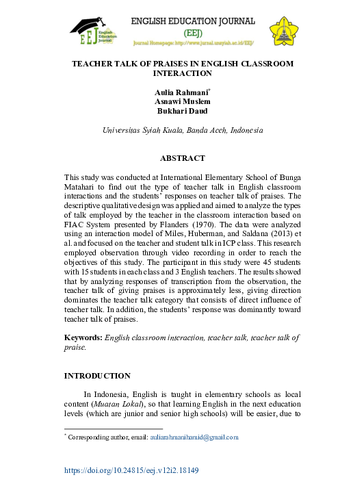 (PDF) Teacher talk of praises in English classroom interaction