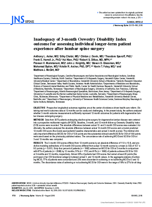 (PDF) Inadequacy of 3-month Oswestry Disability Index outcome for ...