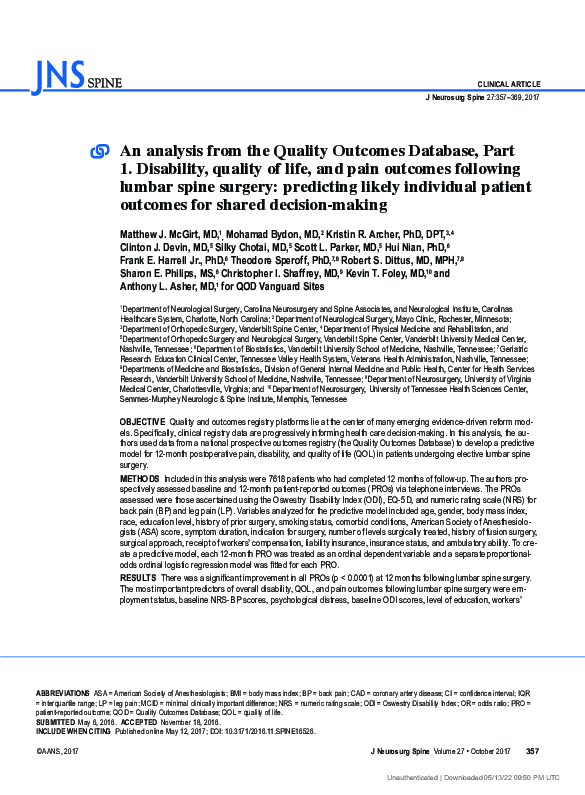 (PDF) An analysis from the Quality Outcomes Database, Part 1 ...