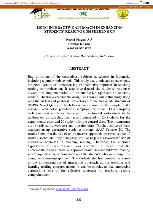 (PDF) Using Interactive Approach in Enhancing Students’ Reading Comprehension