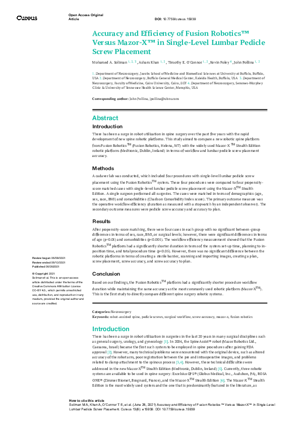 (PDF) Accuracy and Efficiency of Fusion Robotics™ Versus Mazor-X™ in ...