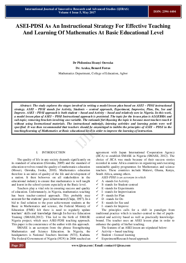 (PDF) ASEI-PDSI As An Instructional Strategy For Effective Teaching And ...