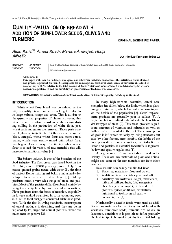 (PDF) Quality evaluation of bread with addition of sunflower seeds, olives and turmeric