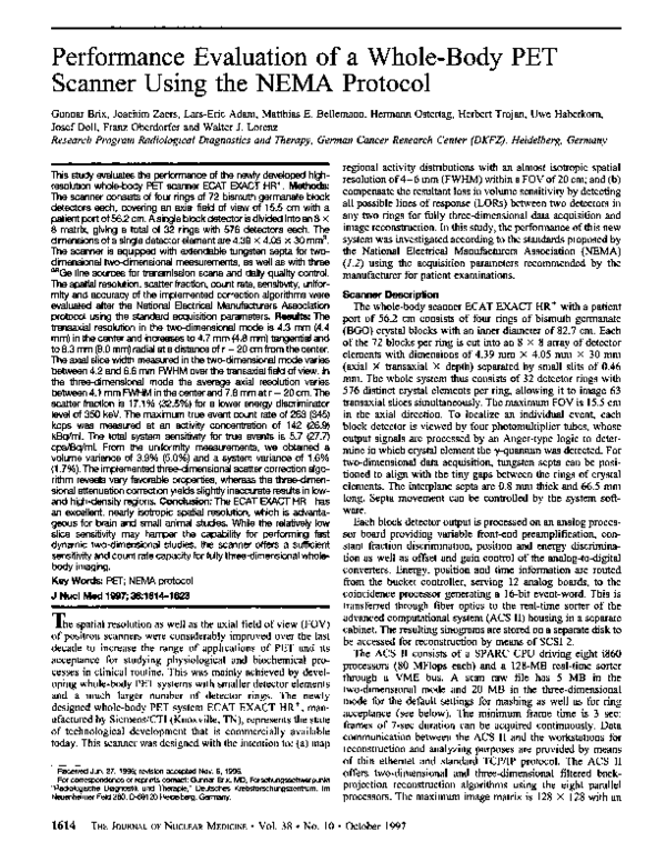 (PDF) Performance evaluation of the whole-body PET scanner ECAT EXACT ...