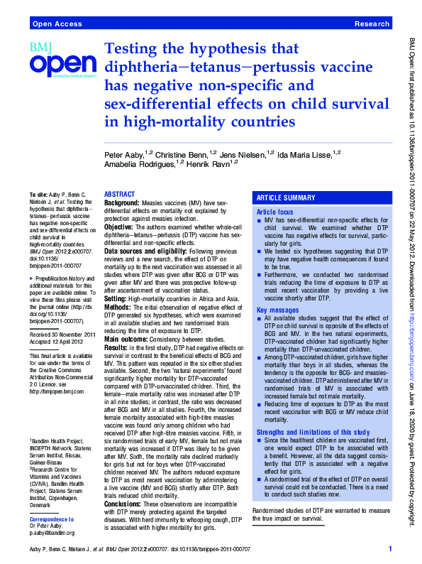 Pdf Testing The Hypothesis That Diphtheria Tetanus Pertussis Vaccine 2975