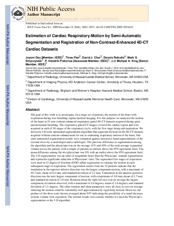 Pdf Estimation Of Cardiac Respiratory Motion By Semi Automatic Segmentation And Registration