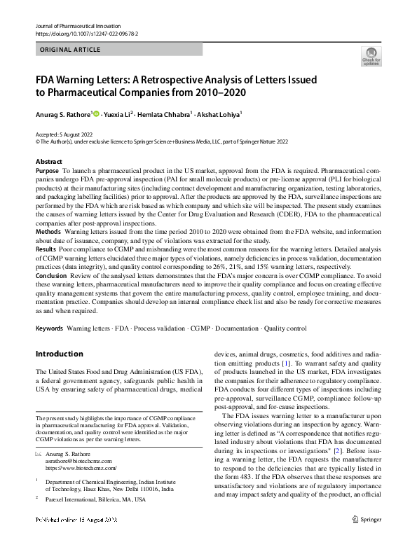(PDF) FDA Warning Letters: A Retrospective Analysis of Letters Issued ...