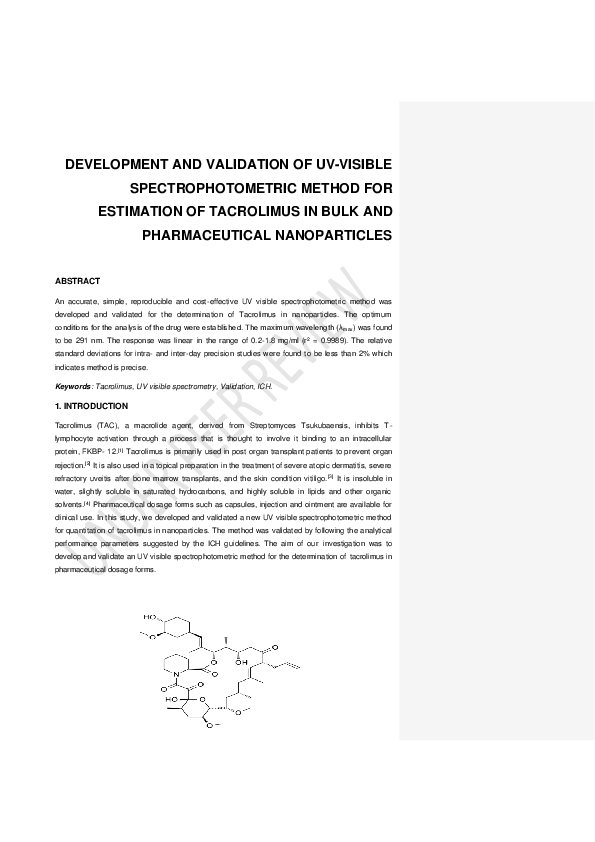 Pdf Development And Validation Of Uv Visible Spectrophotometric Method For Estimation Of